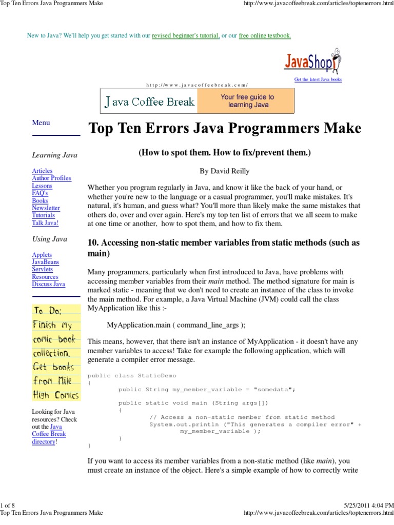 Top Ten Errors Java Programmers Make | PDF | Java (Programming Language) | Method (Computer ...