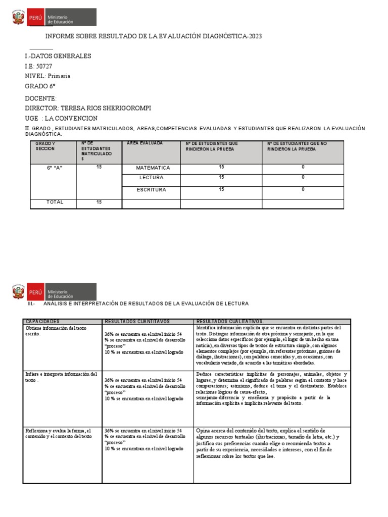 6° INFORME DE LA EVALUACIÓN DIAGNOSTICA_2023.docx (1) | PDF | Evaluación | Información