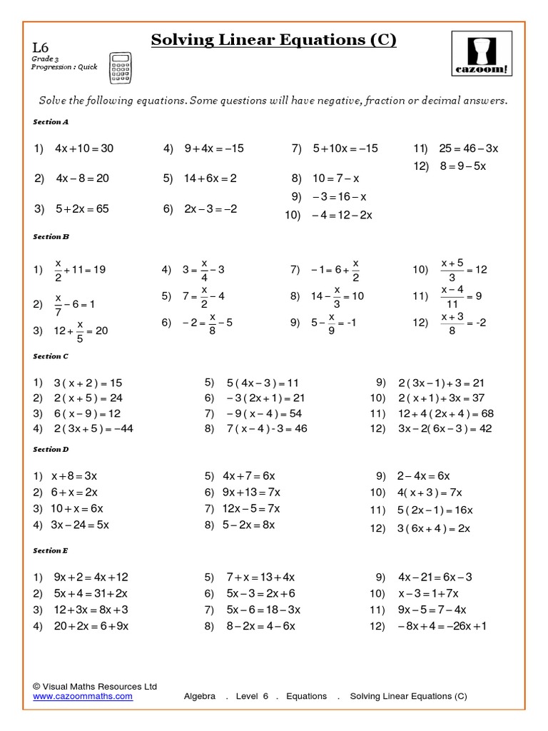 Class 6 Linear Equations Worksheet | PDF | Equations | Algebra