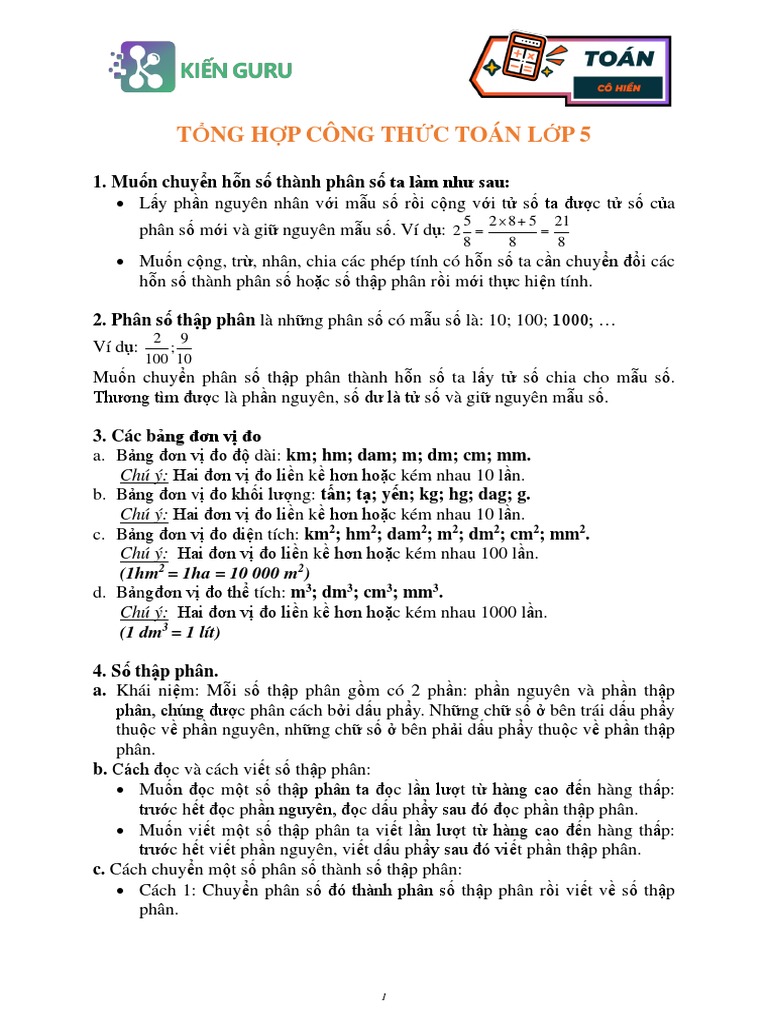 Tom Tat Kien Thuc Toan Lop 5 | PDF