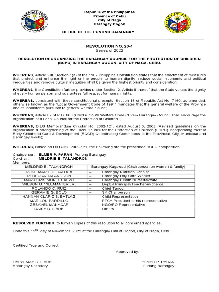 BCPC RESOLUTION CY 2022 | PDF