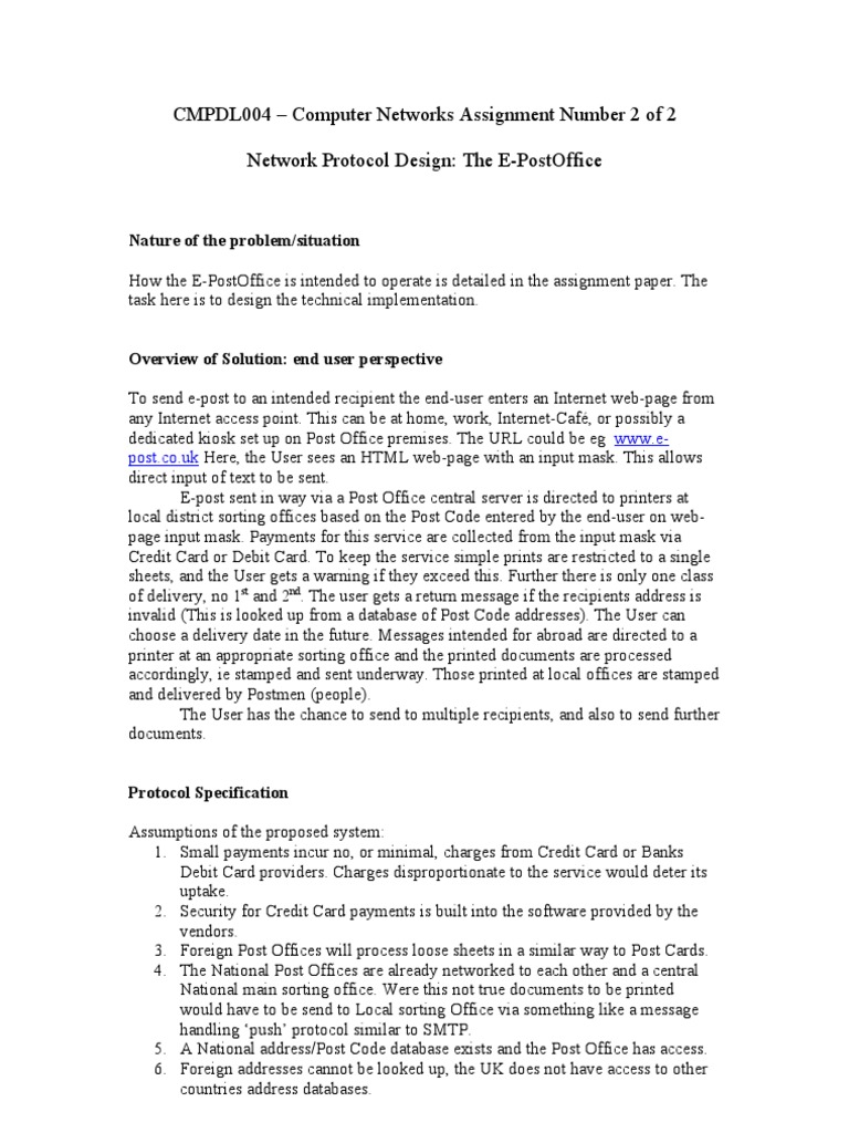 Cmpdl004 - Computer Networks Assignment Number 2 of 2 Network Protocol Design: The E-Postoffice ...