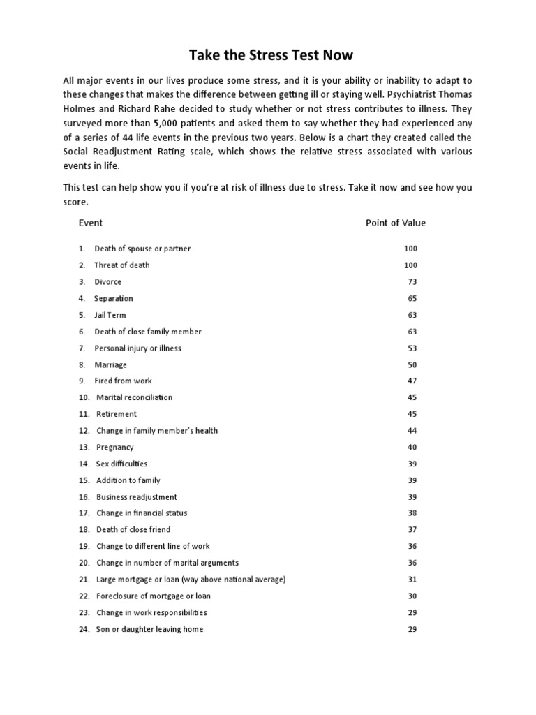 Holmes-Rahe Stress Test Overview | PDF | Stress (Biology) | Marriage