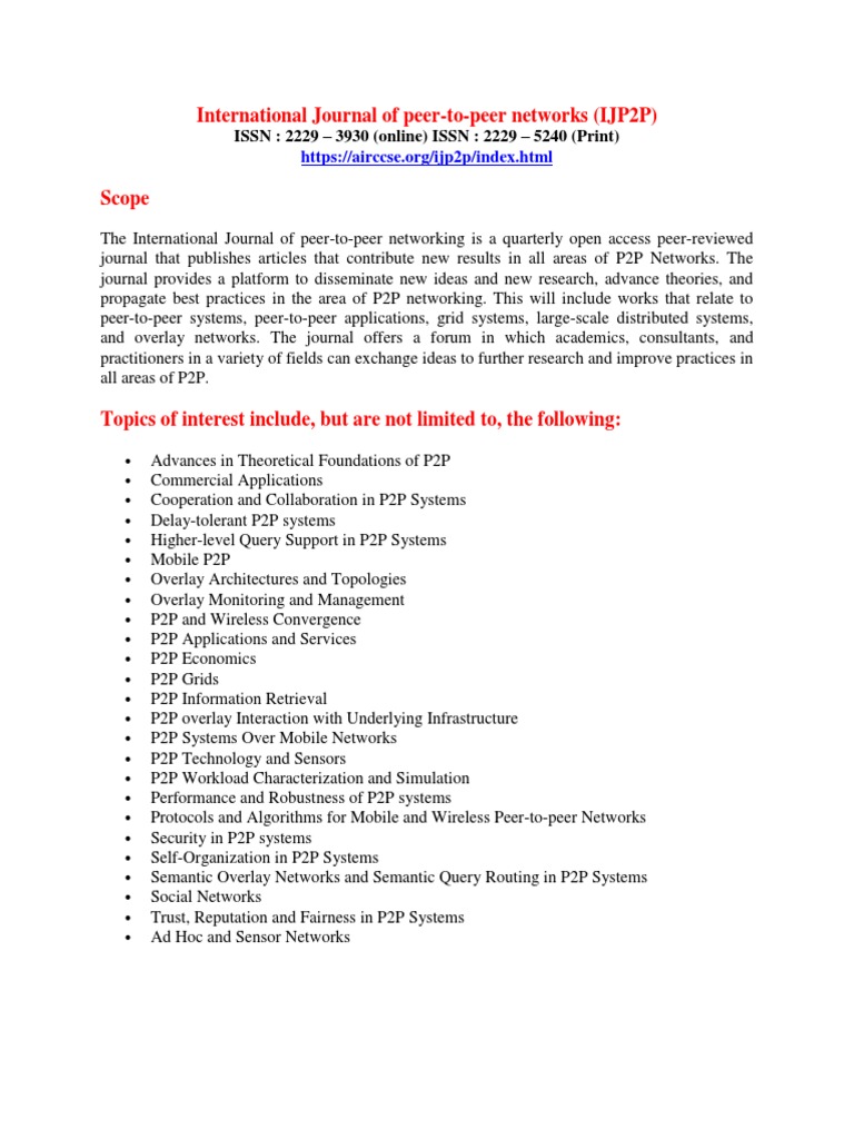 International Journal of Peer-To-Peer Networks (IJP2P) | PDF | Peer To Peer | Computer Network