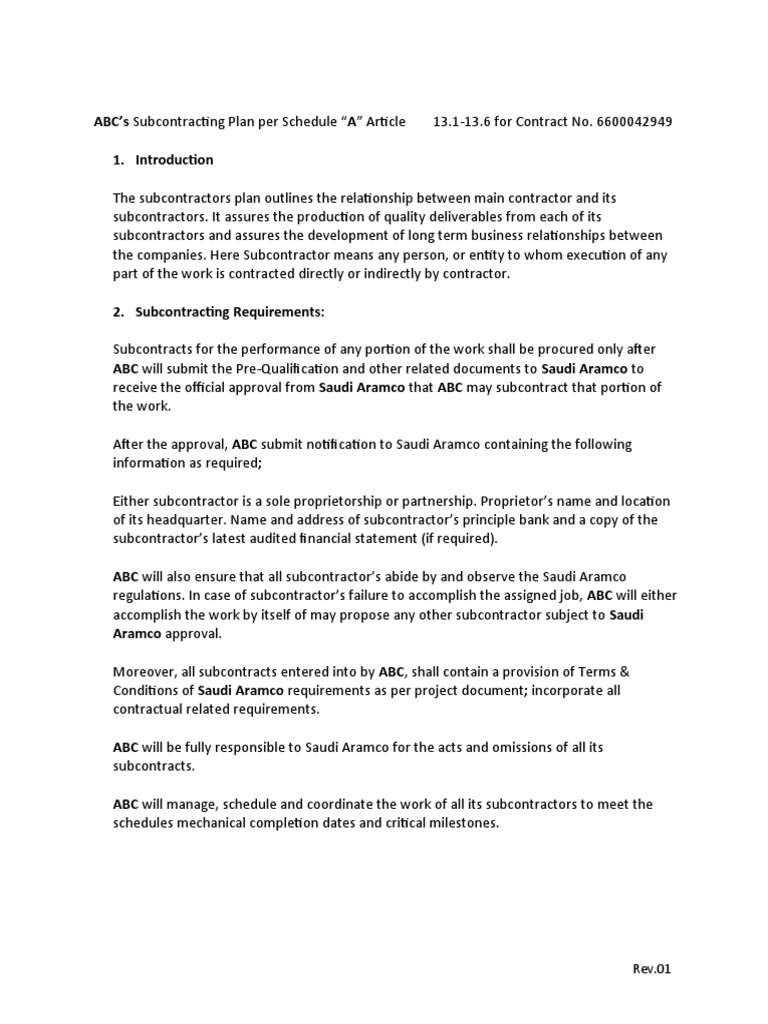 01-ABC Subcontract Plan.-Rev.01 | PDF | Government Procurement In The ...