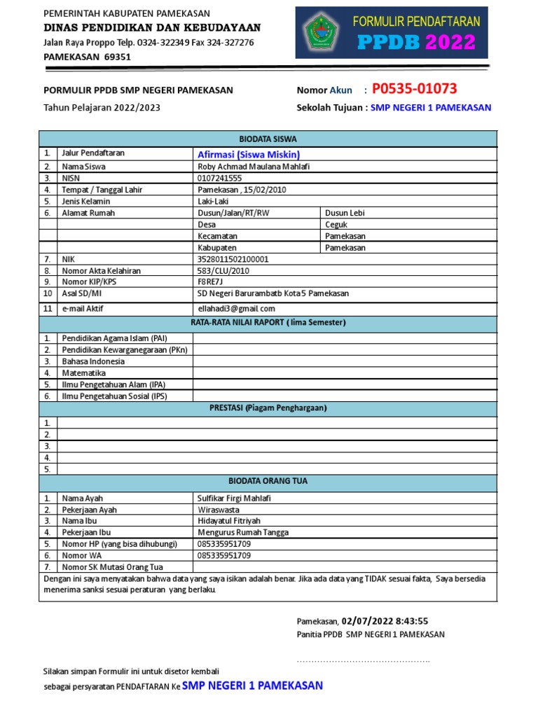 FORMULIR PPDB SMP NEGERI 1 PAMEKASAN Roby Achmad Maulana Mahlafi | PDF