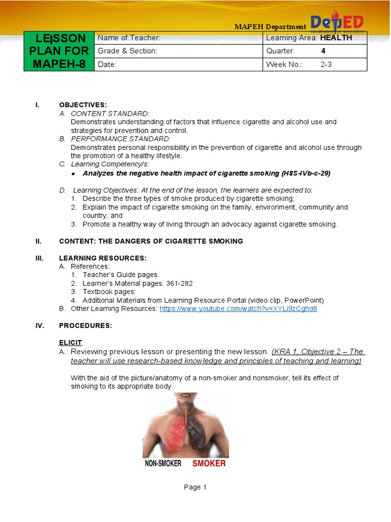 Dangers of Cigarette Smoking Lesson Plan | PDF | Learning | Educational ...