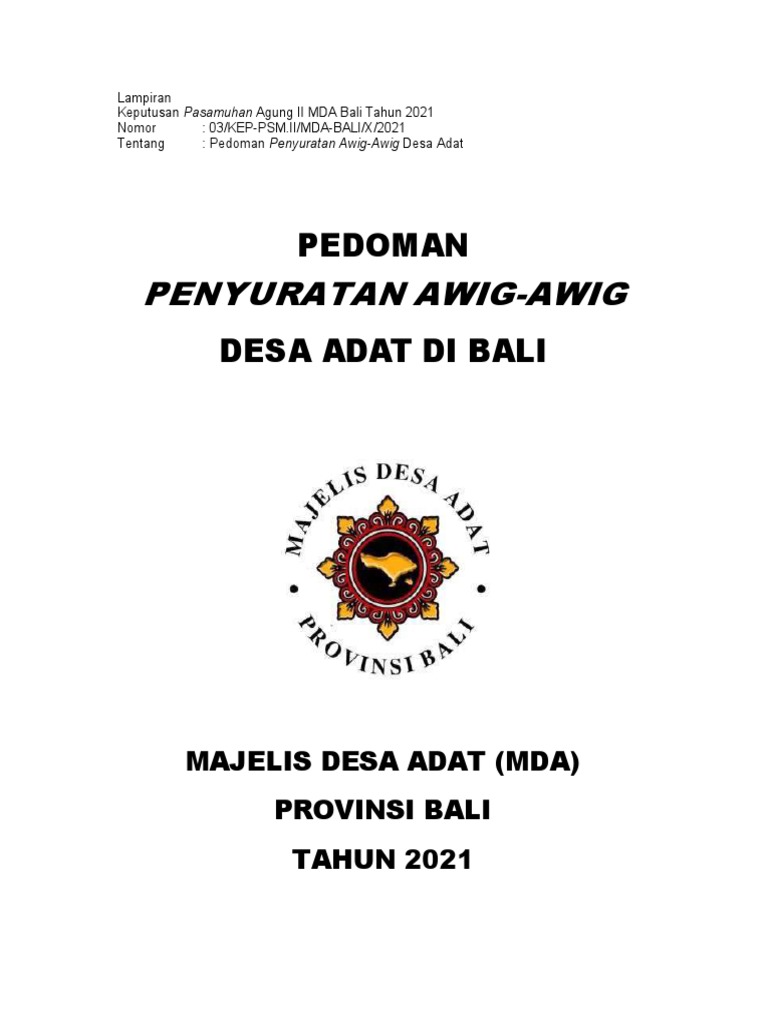 PEDOMAN PENYURATAN AWIG AWIG DESA ADAT DI BALI. 1 - Compressed | PDF