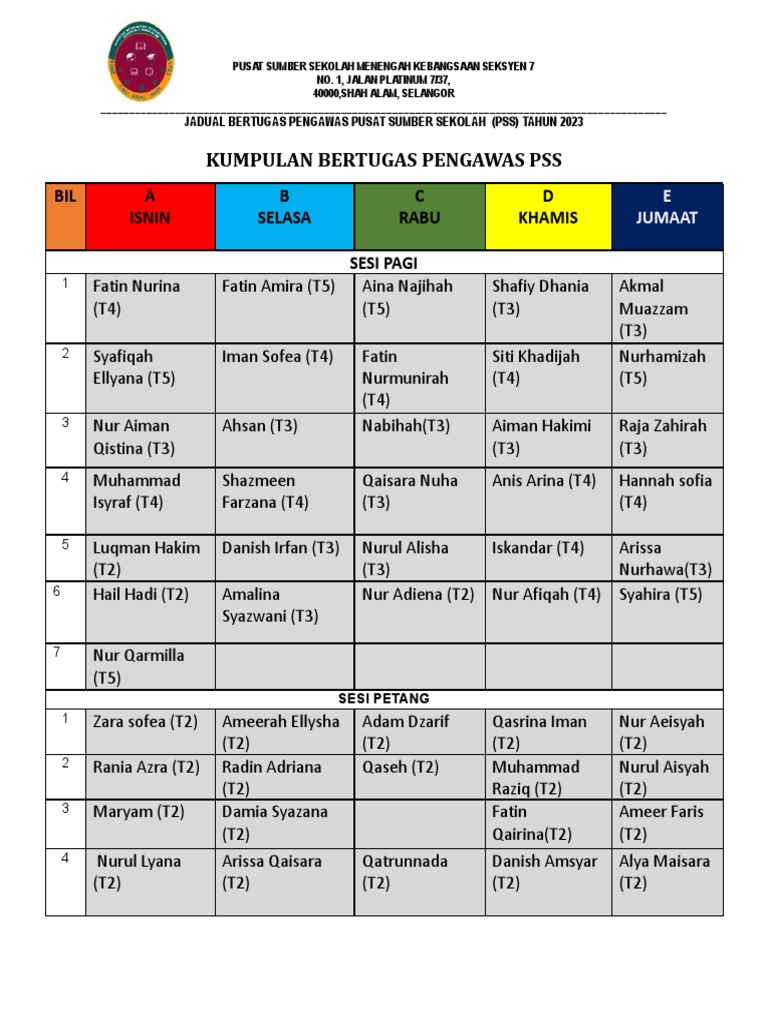 Jadual Bertugas Pengawas PSS 2023 - 24 | PDF