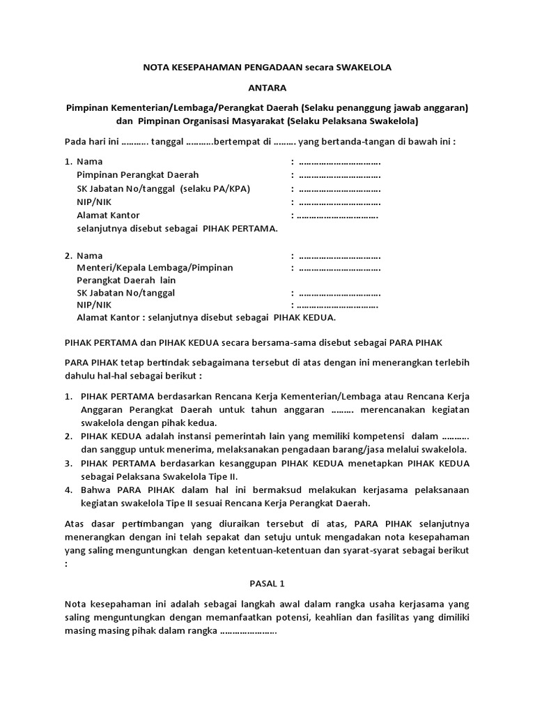02 Nota Kesepahaman Pengadaan Melalui Swakelola Type 2edit | PDF