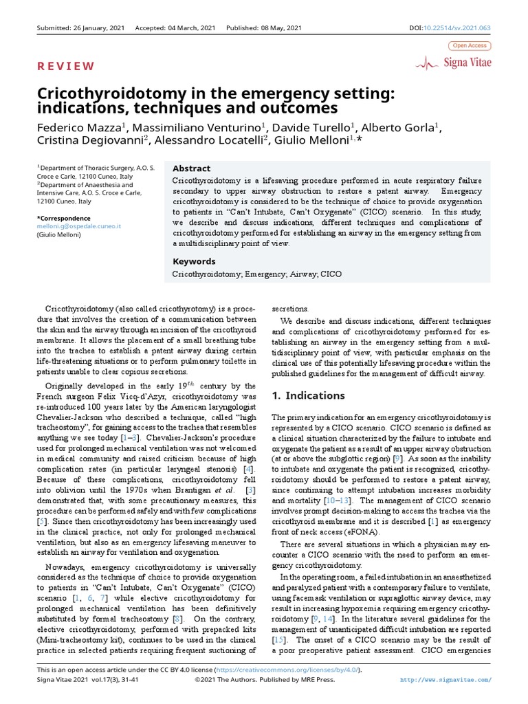Cricothyroidotomy in The Emergency Setting - Indications, Techniques ...