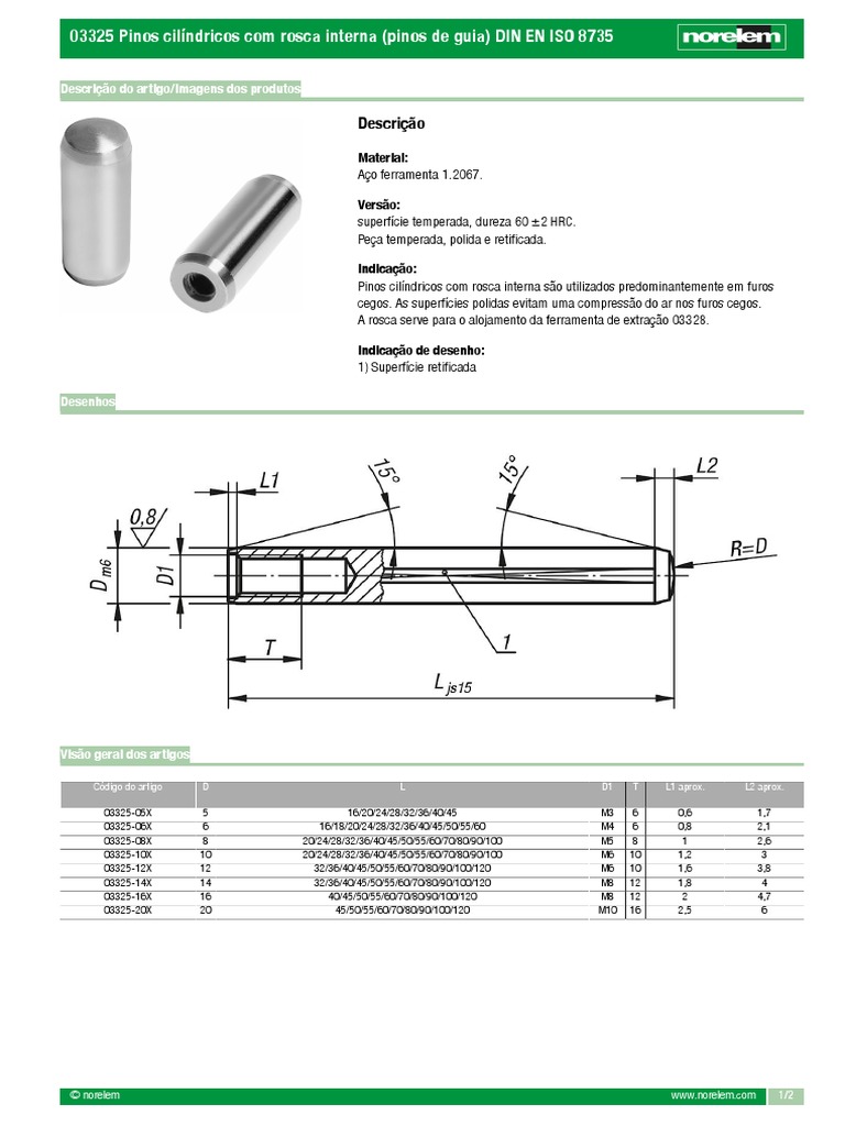 Datasheet 2788 Pinos Cil Ndricos Com Rosca Interna Pinos de Guia DIN EN ISO 8735 - PT | PDF