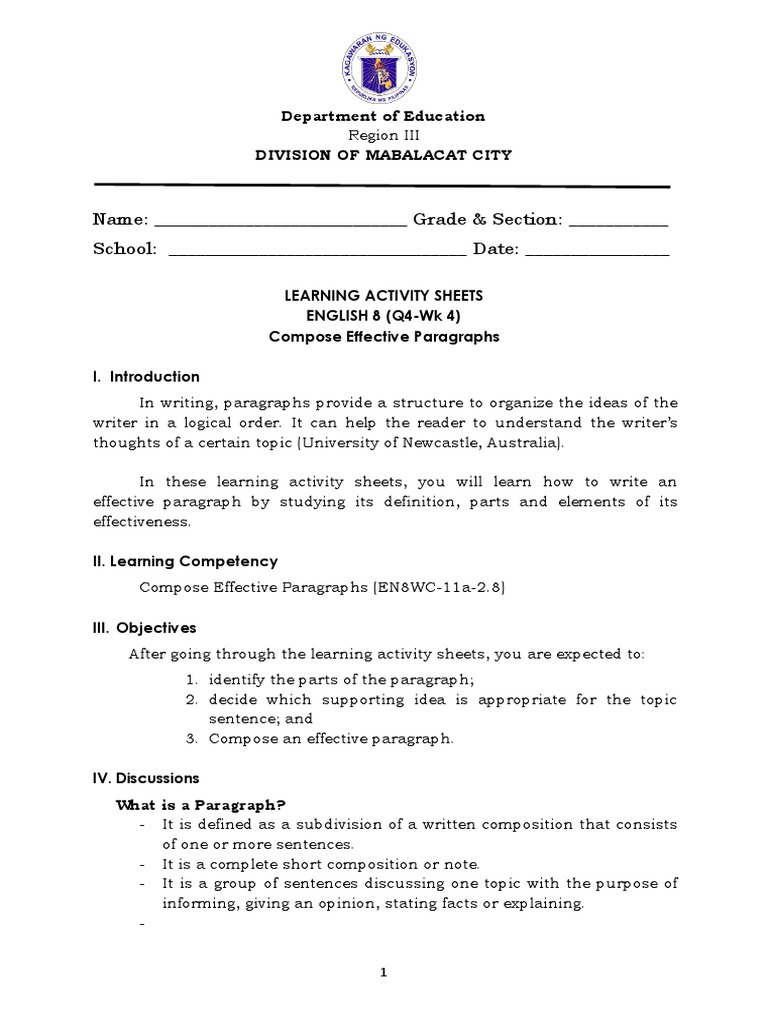 English 8: Writing Effective Paragraphs | PDF | Learning | Distance ...