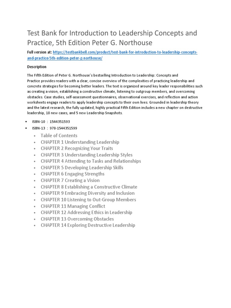Test Bank For Introduction To Leadership Concepts and Practice 5th ... Test Bank For Introduction To Leadership Concepts and Practice 5th ...