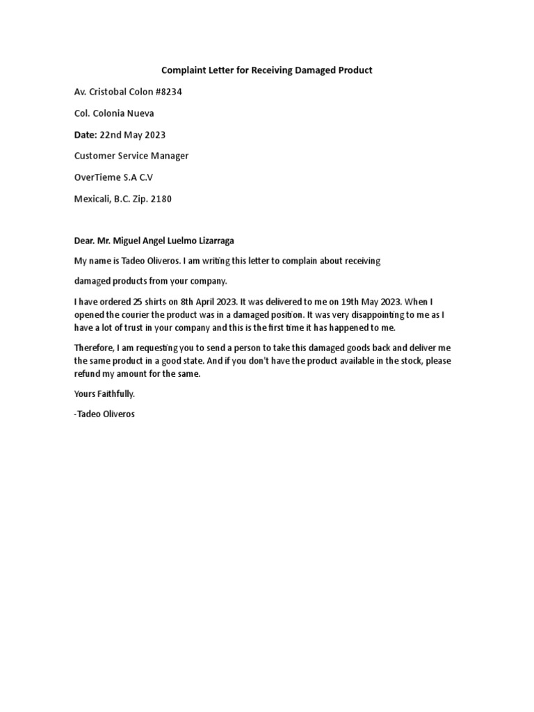 Complaint Letter For Receiving Damaged Product | PDF
