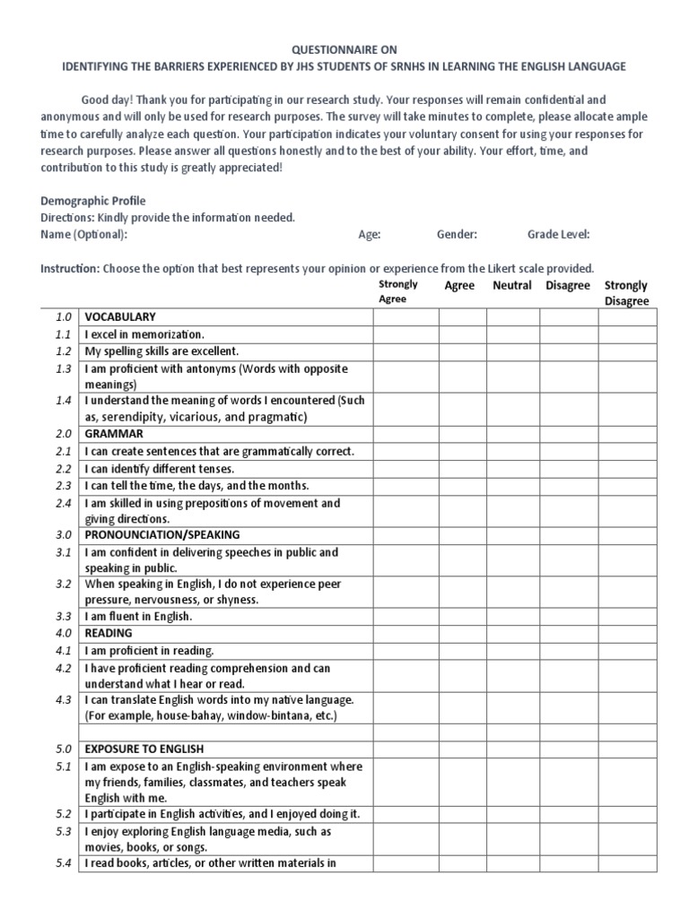 Questionnaires For Research | PDF | English Language | Learning