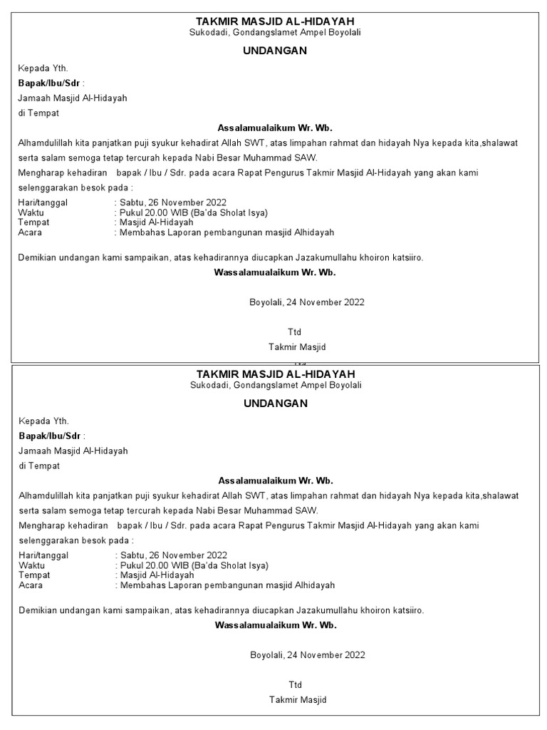 Undangan Takmir Masjid Al Hidayah 1 | PDF