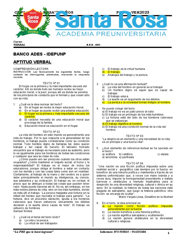 Banco Ades - Idepunp Aptitud Verbal: Cepu "Santa Rosa"20 Años PREU - VER2023 | PDF | Alimentos ...