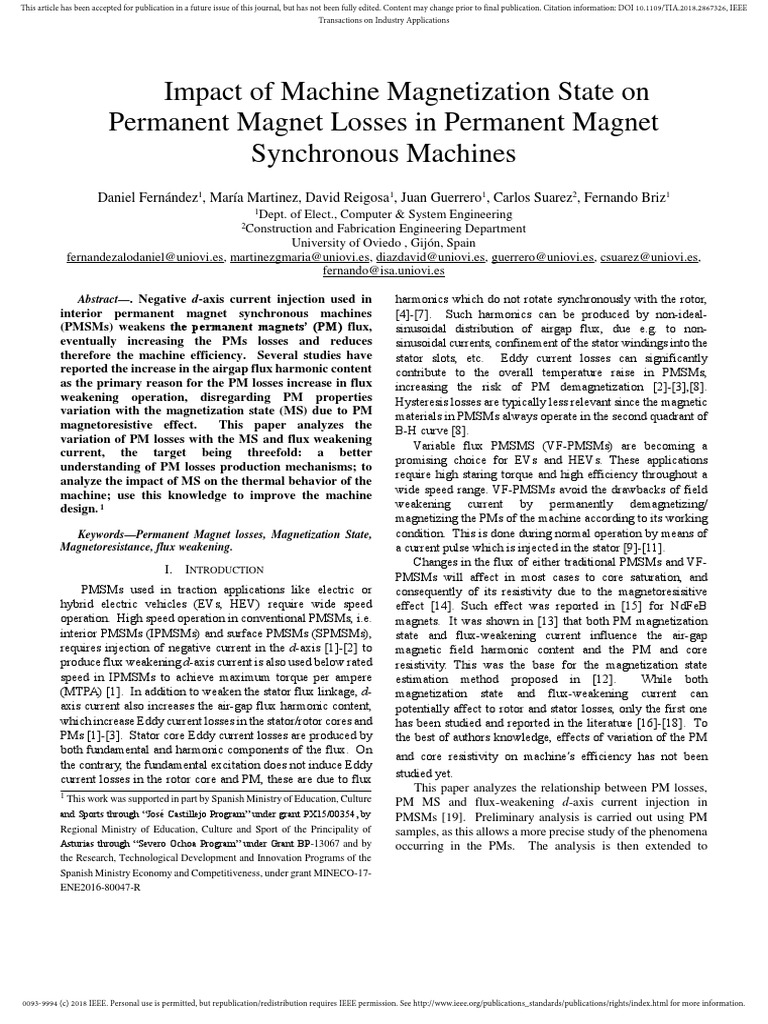 Impact of Machine Magnetization State On Permanent Magnet Losses in Permanent Magnet Synchronous ...