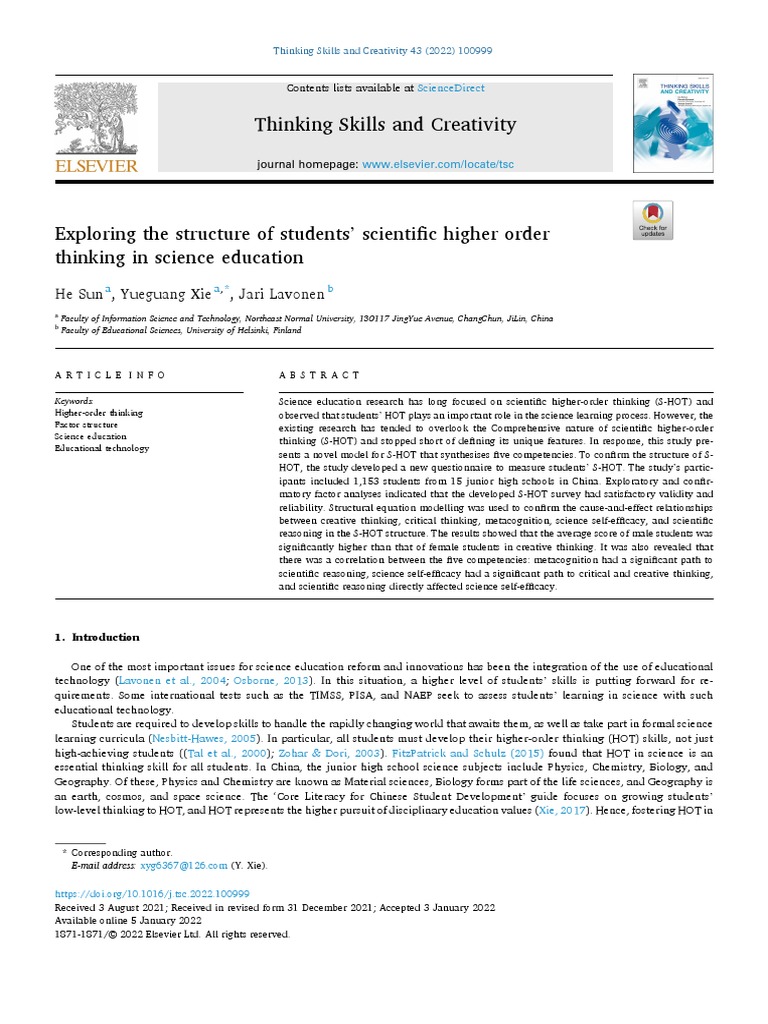 Exploring The Structure of Students' Scientific Higher Order Thinking in Science Education | PDF ...