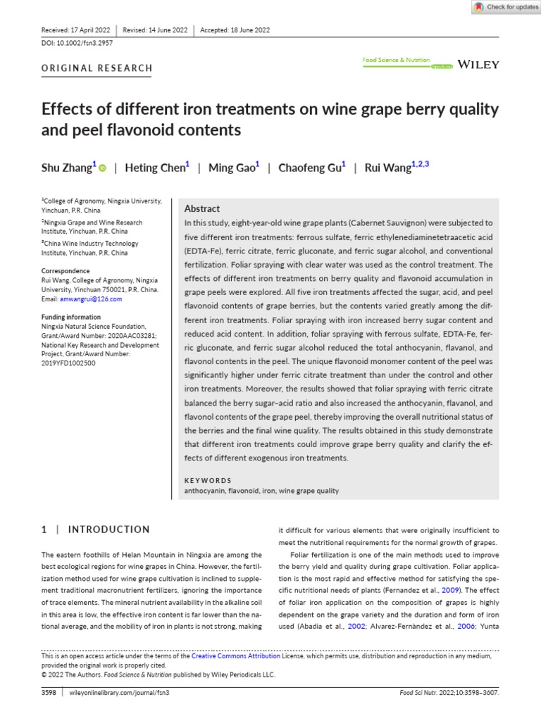 Food Science Nutrition - 2022 - Zhang - Effects of Different Iron Treatments On Wine Grape Berry ...