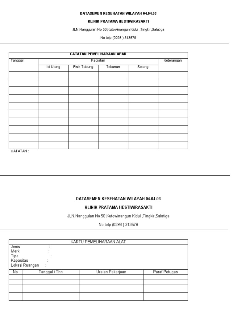 Contoh KARTU PEMELIHARAAN APAR | PDF