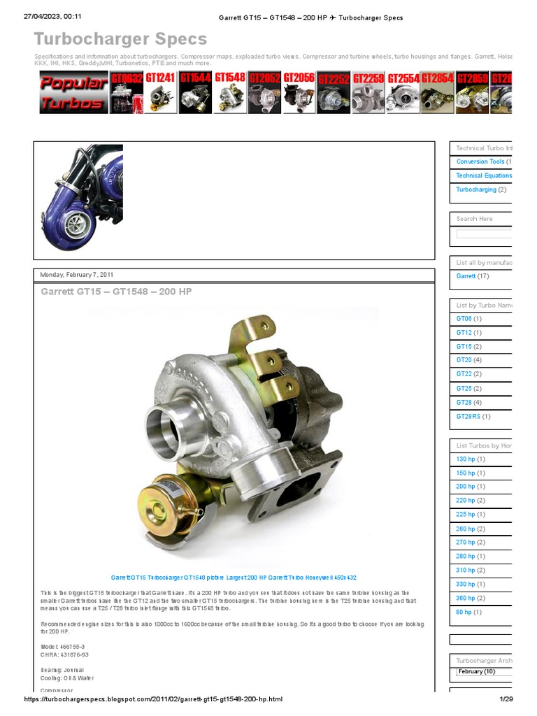 Garrett GT15 - GT1548 - 200 HP Turbocharger Specs | PDF