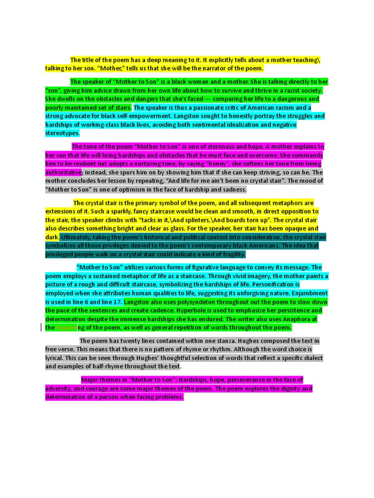 Critical Analysis (Mother To Son) | PDF | Poetry