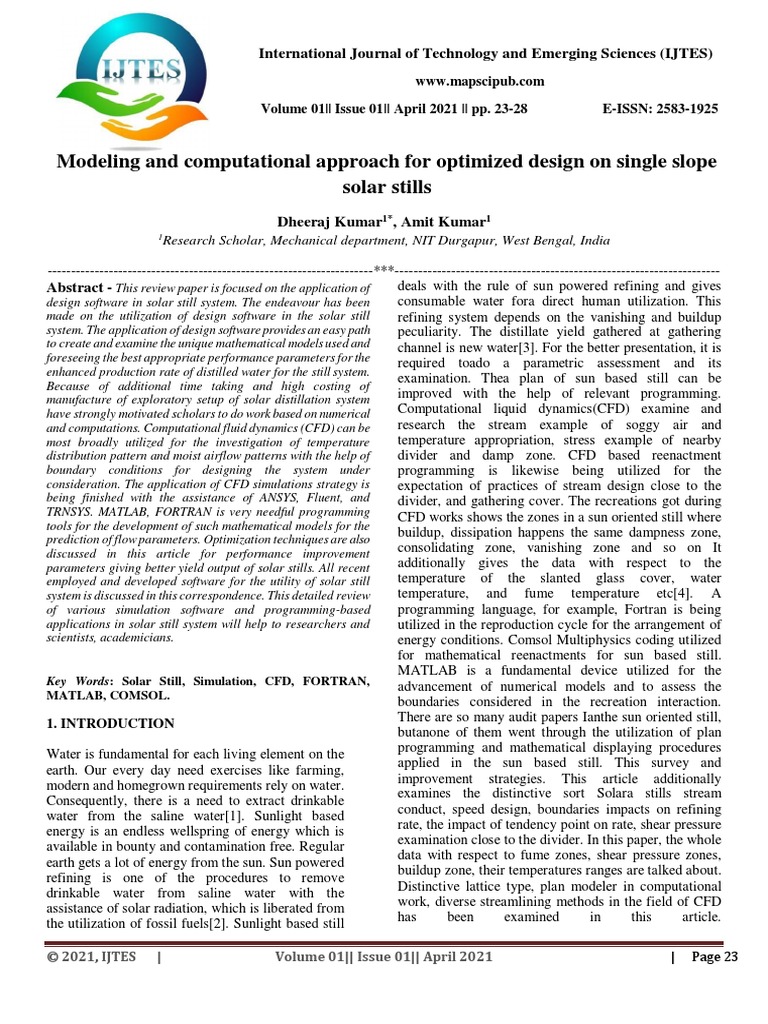 Modeling and Computational Approach For Optimized Design On Single Slope Solar Stills | PDF
