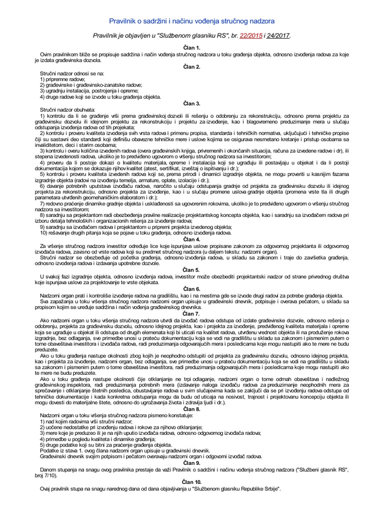 Pravilnik o Sadrzini I Nacinu Vodjenja Strucnog Nadzora | PDF