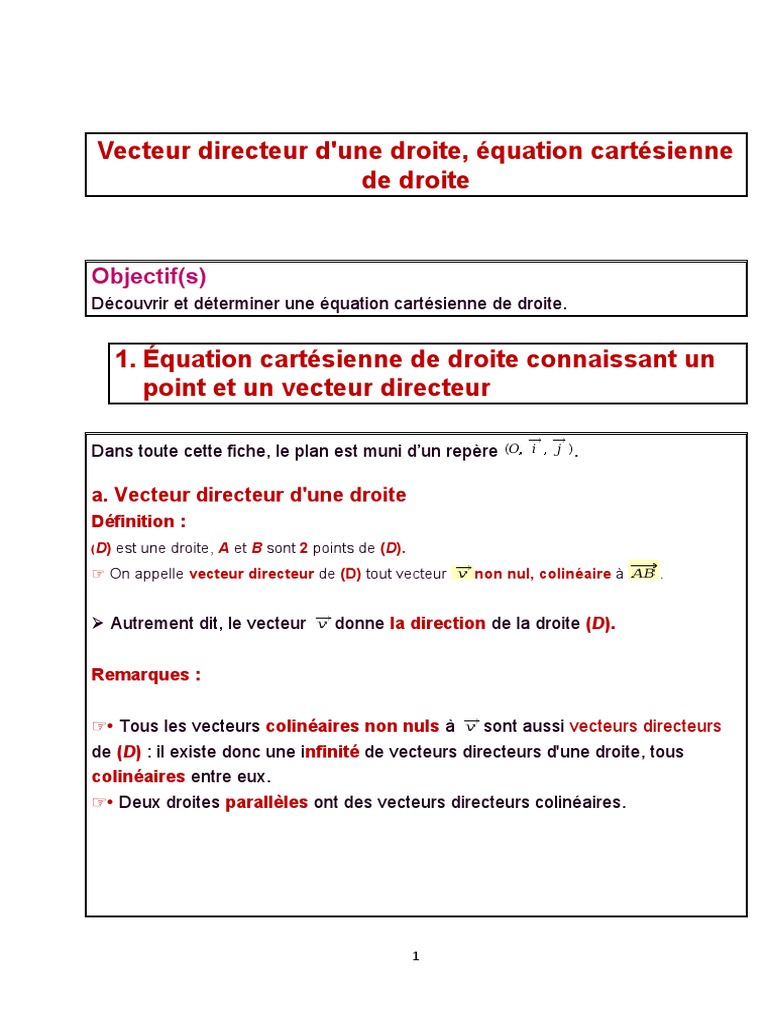 VECTEUR DIRECTEUR D UNE DROITE Et EQUATION CARTESIENNE DE DROITE | PDF ...