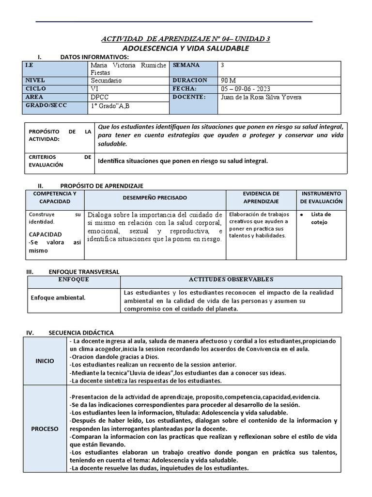 Sesión de Aprendizaje Nº11 DPCC 2023 | PDF