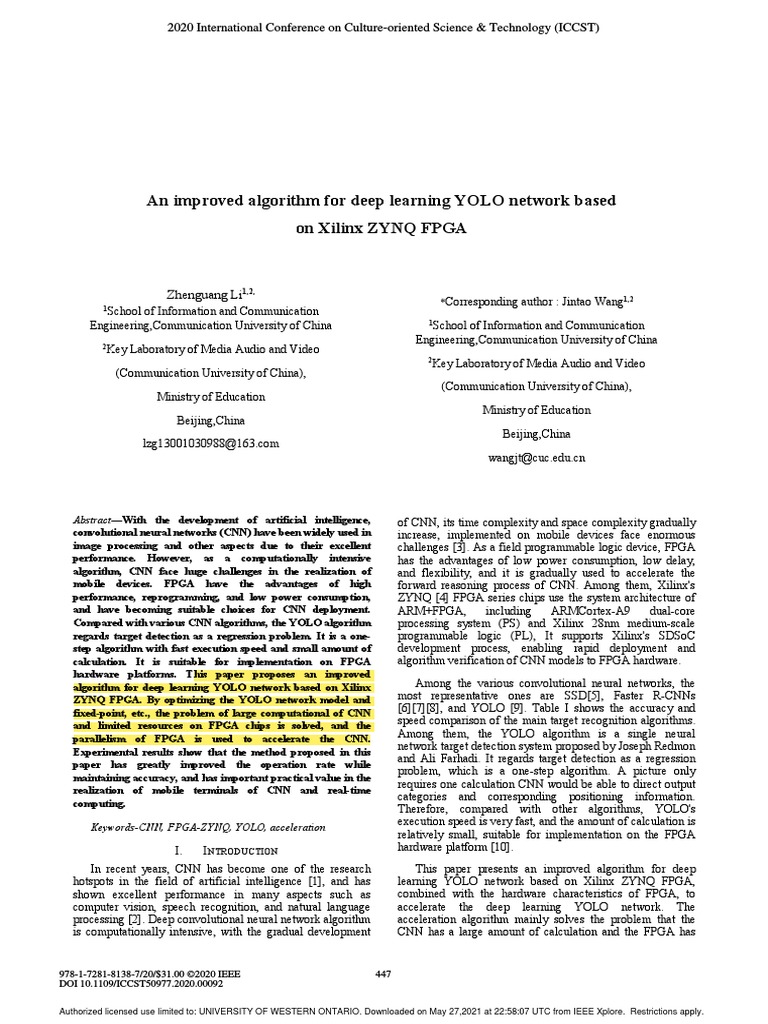8 An Improved Algorithm For Deep Learning Yolo Network Based On Xilinx Zynq Fpga Pdf