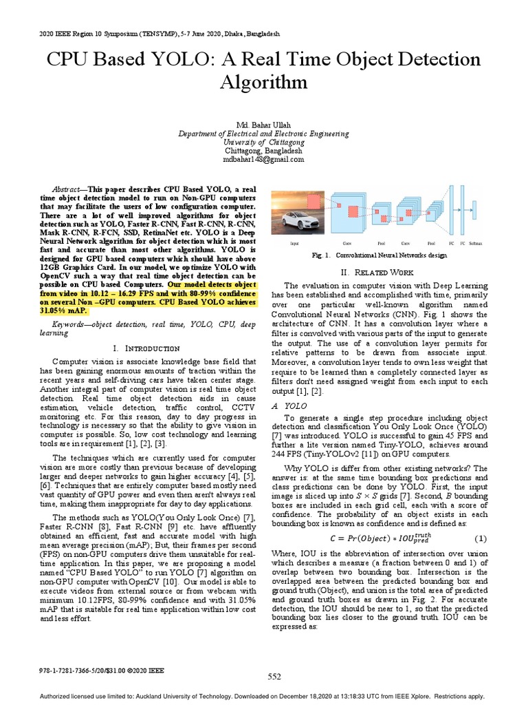 10 Cpu Based Yolo A Real Time Object Detection Algorithm Pdf Deep Learning Computing