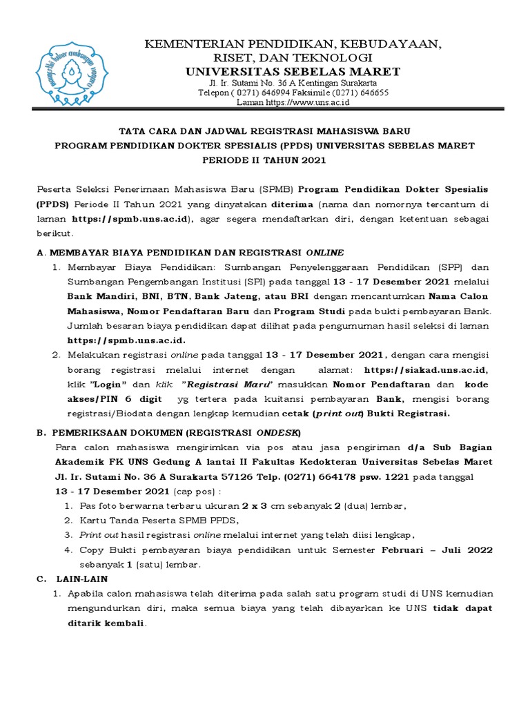 Tata Cara dan Jadwal Registrasi PPDS UNS Periode II Tahun 2021 | PDF