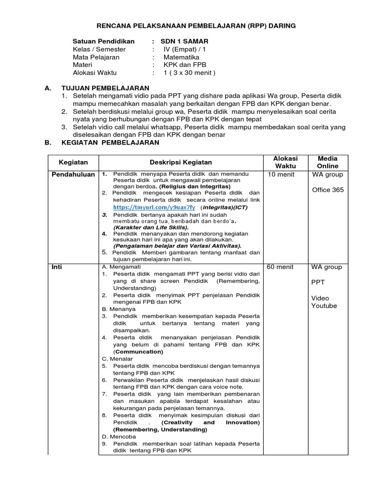 RPP Daring Matematika Kelas 4 | PDF