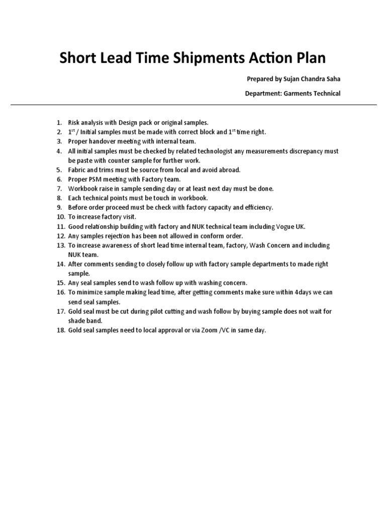 Short Lead Time Shipments Action Plan | PDF