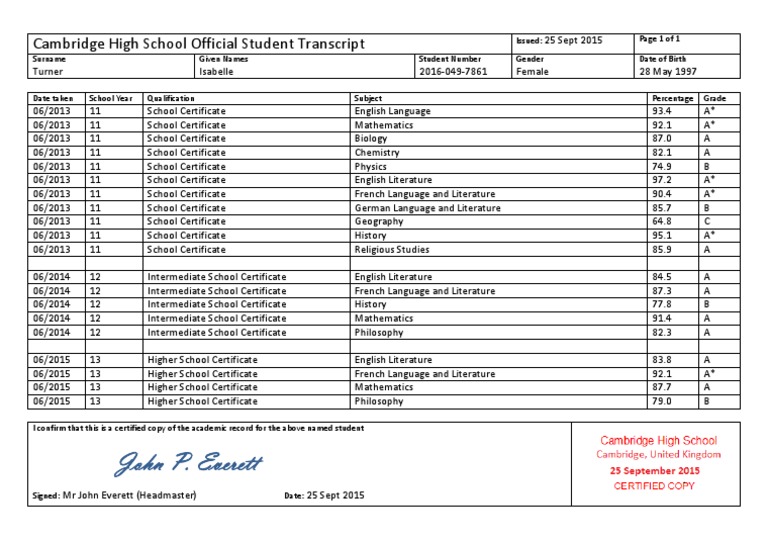 Cambridge High School Transcript Example | PDF | Middle Schools ...