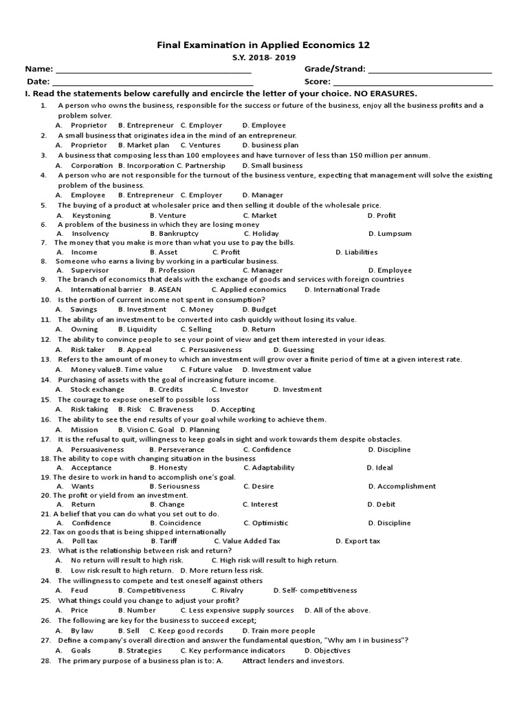 Applied Economics Final Exam | PDF