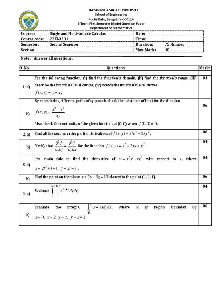 Fxy y X: Course: Date: Course Code: Time: Semester: Duration: Section ...