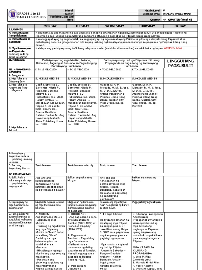 DLL - Araling Panlipunan 5 - Q4 W6 | PDF