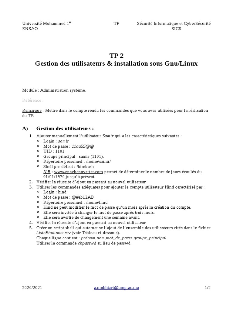 TP2 Gestion Des Utilisateurs & Installation Sous Gnu/Linux | PDF
