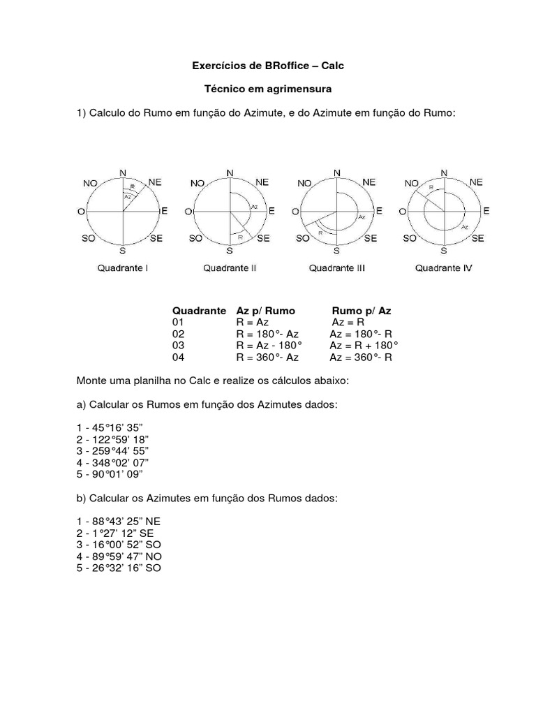 Cálculo De Rumo E Azimute Em Topografia Pdf 4563