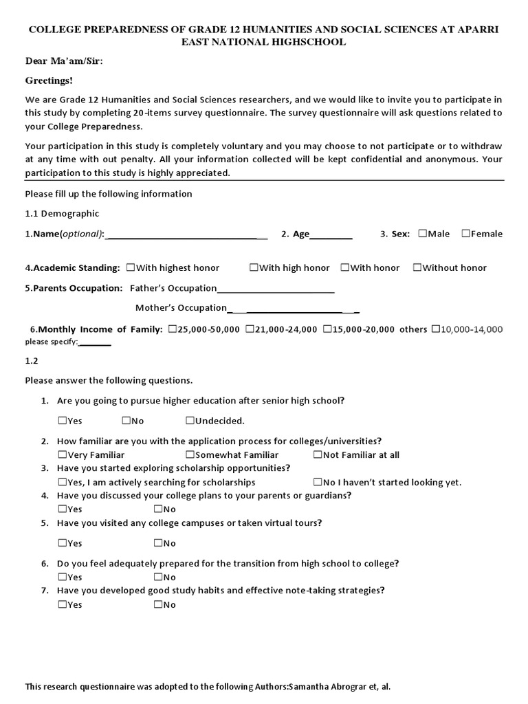 College Preparedness SURVEY QUESTIONNAIRE | PDF | Behavior Modification | Learning