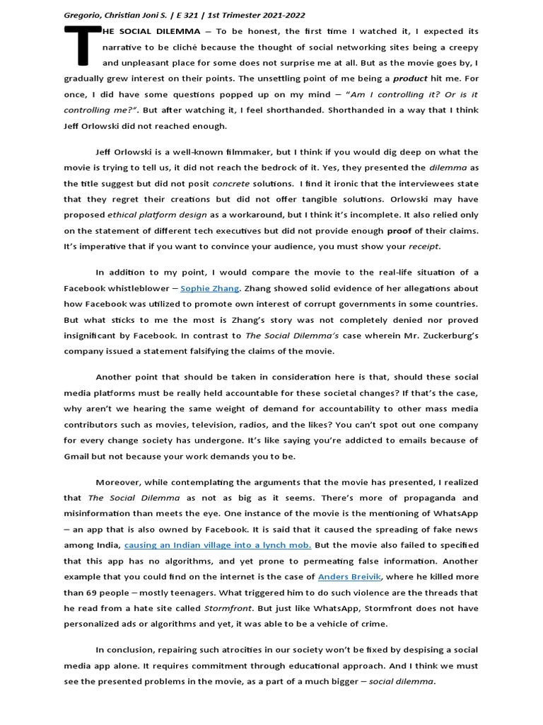 The Social Dilemma - Film Analysis (Final Version) | PDF ...