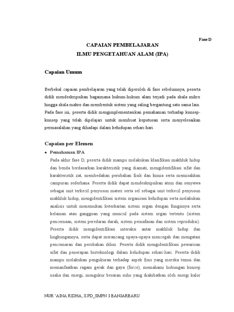 Capaian Pembelajaran IPA Fase D | PDF