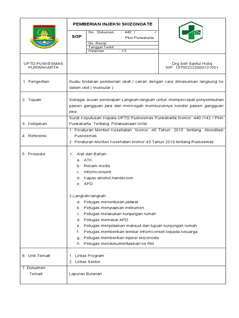 Sop Pemberian Injeksi Skizonoate Pasien Jiwa | PDF | Teknologi & Rekayasa