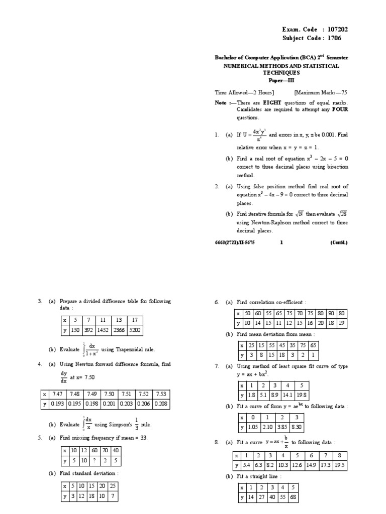 Exam. Code: 107202 Subject Code: 1706 | PDF | Mathematics Of Computing | Applied Mathematics