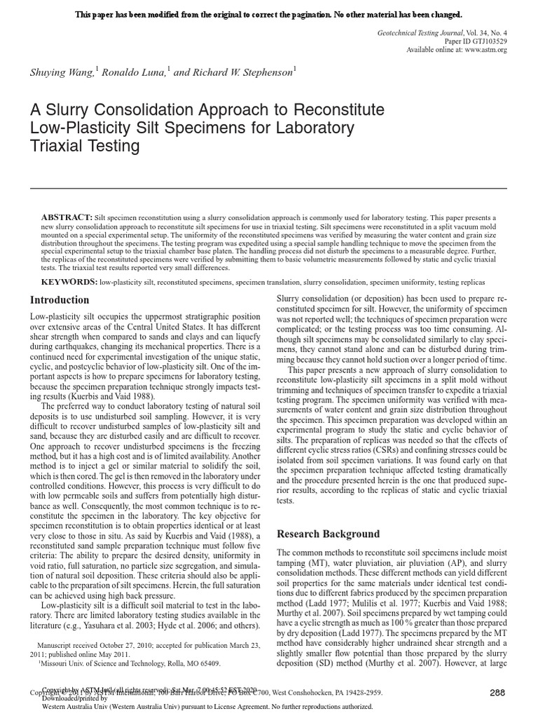 A slurry consolidation approach to reconstitute low-plasticity silt ...