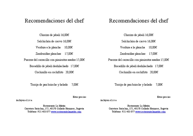 Recomendaciones Del Chef | PDF